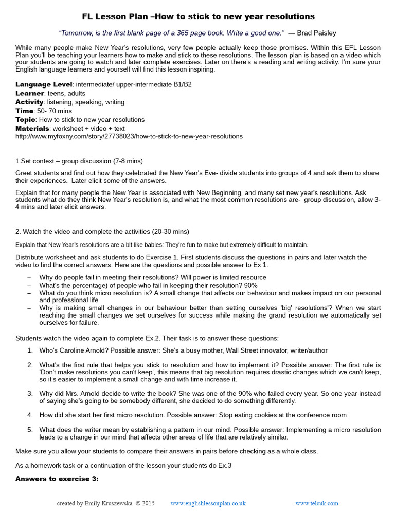 New Years Resolutions Lesson Plan | PDF | Behavioural Sciences | Cognition