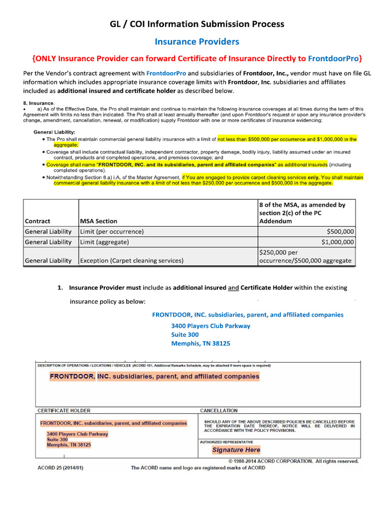 Frontdoor Pro Vendor GL Certificate Requirements | PDF