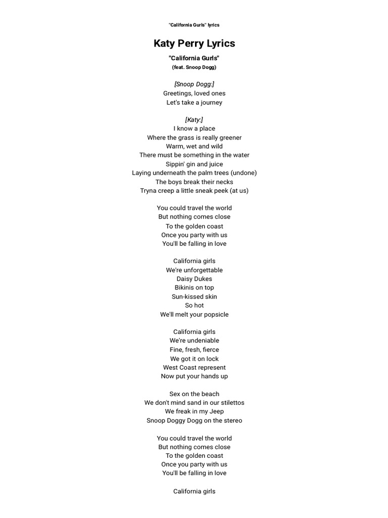 Katy Perry - California Gurls Lyrics | PDF | Songs Written | Singles