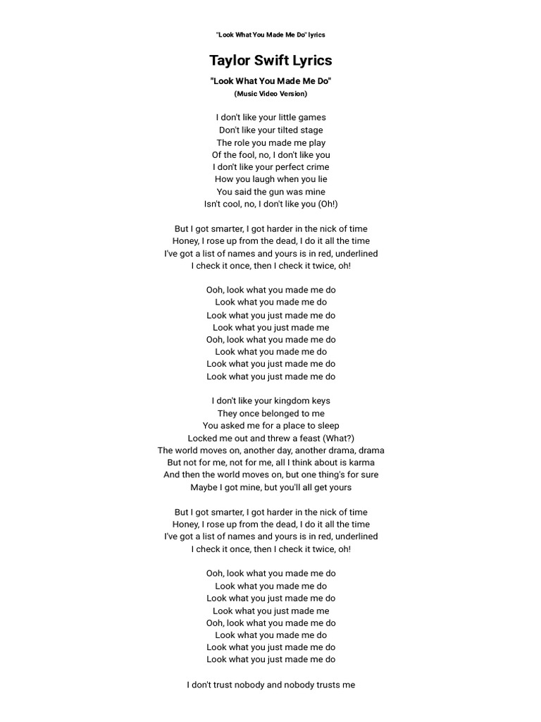 Taylor Swift - Look What You Made Me Do Lyrics _ AZLyrics.com | PDF