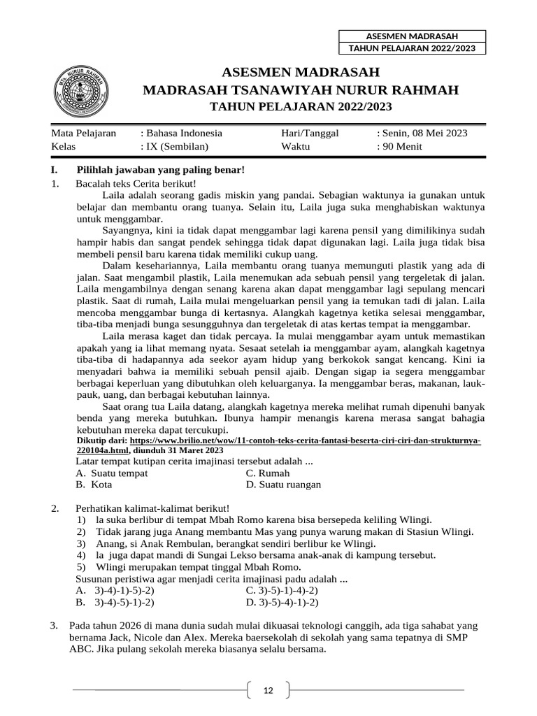 Master Soal Bin Esesmen Madrasah Tp. 2022-2023 Ok | PDF