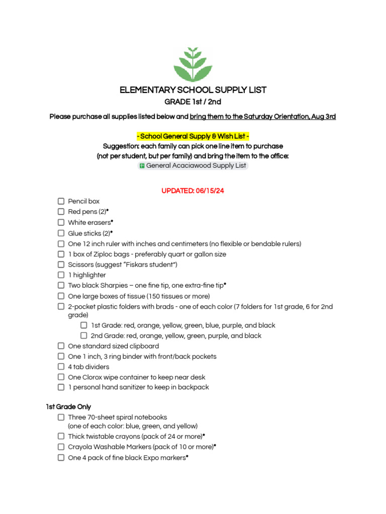 Elementary School Supply List - 1st & 2nd Grade | PDF