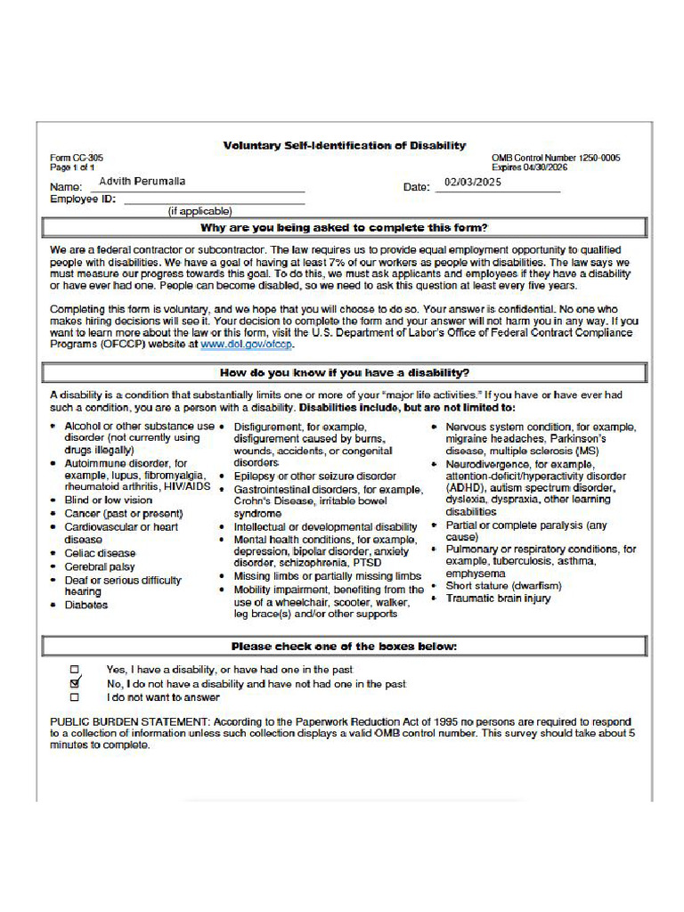 2023 Pre-Offer Vol Self ID Disabilty Form (1) | PDF
