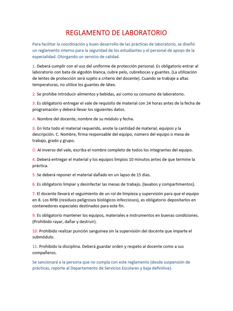 Reglamento de Laboratorio | PDF