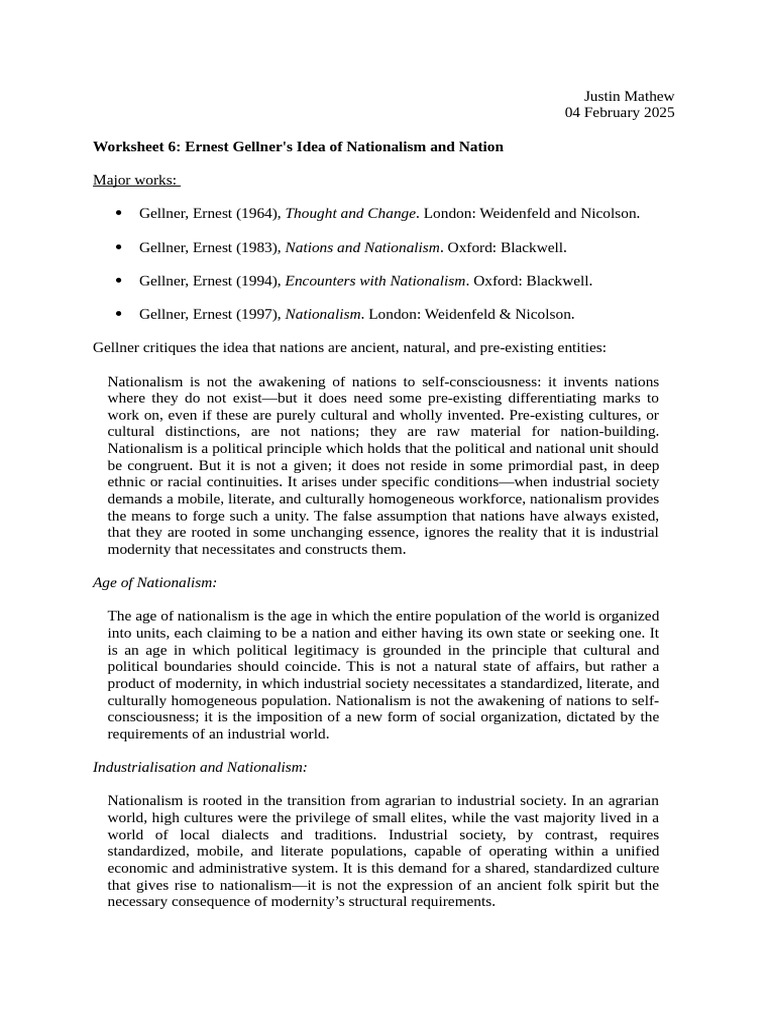 Worksheet 6 Ernest Gellner | PDF | Nationalism | Nation