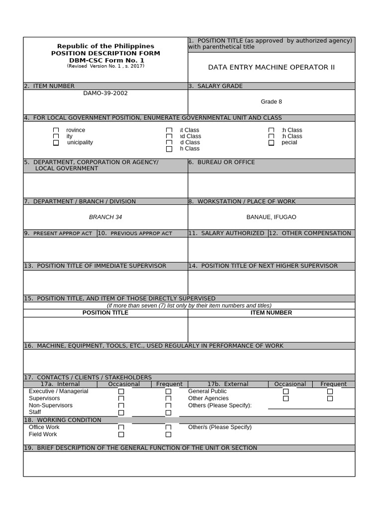 Position Description Form DBM CSC Form No. 1 Revised 2017 | PDF | Business