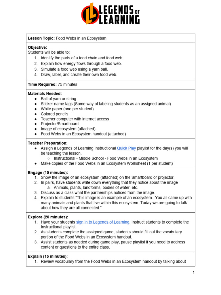 Middle School Food Web Lesson | PDF | Foods | Food Web