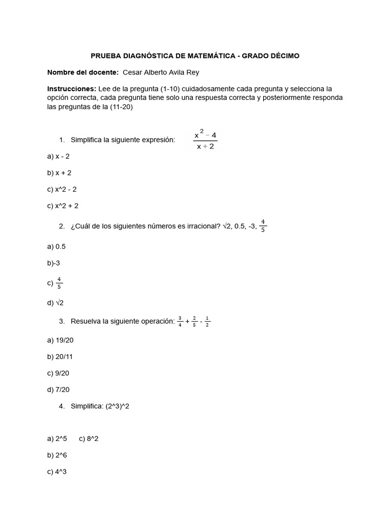 PRUEBAS DIAGNÓSTICAS Mate 10 | PDF | Geometría triangular | Geometría del plano euclidiano