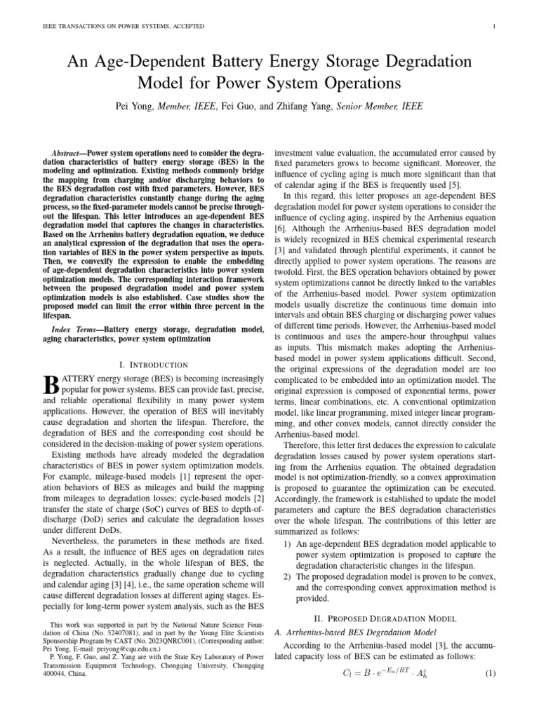 An Age-Dependent Battery Energy Storage Degradation Model For Power System Operations | PDF ...