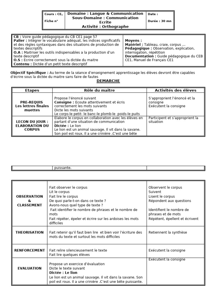 Dictée CE1 : Écrire un texte descriptif | PDF | Pédagogie ...