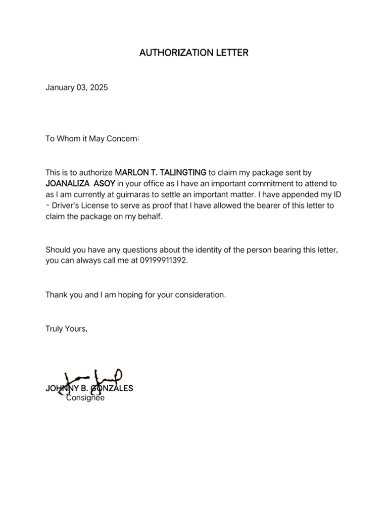 Johnny Authorization Letter | PDF
