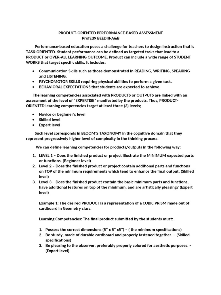 PRODUCT ORIENTED Performance Based Assessment PROF.ed9 | PDF | Expert | Psychology