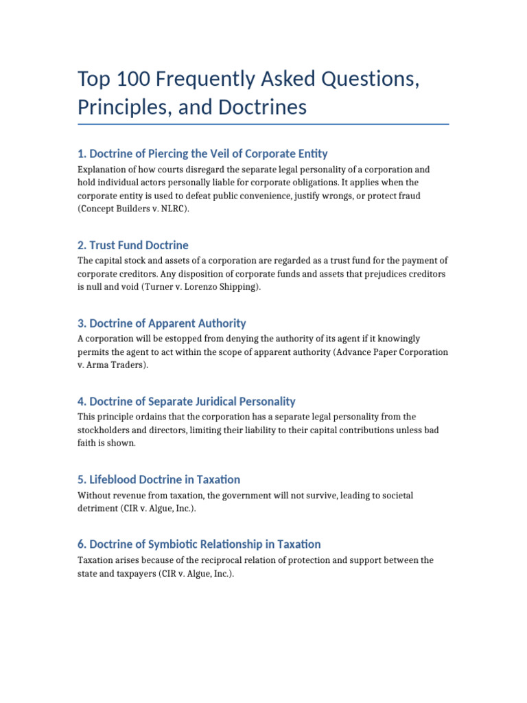 Top 100 Corporate Law Doctrines Explained | PDF | Corporations | Insurance