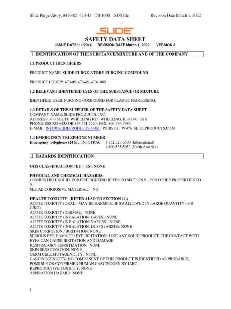 Slide 470 PurgeAtory Purging Compound OSHA GHS SDS | PDF | Dangerous ...