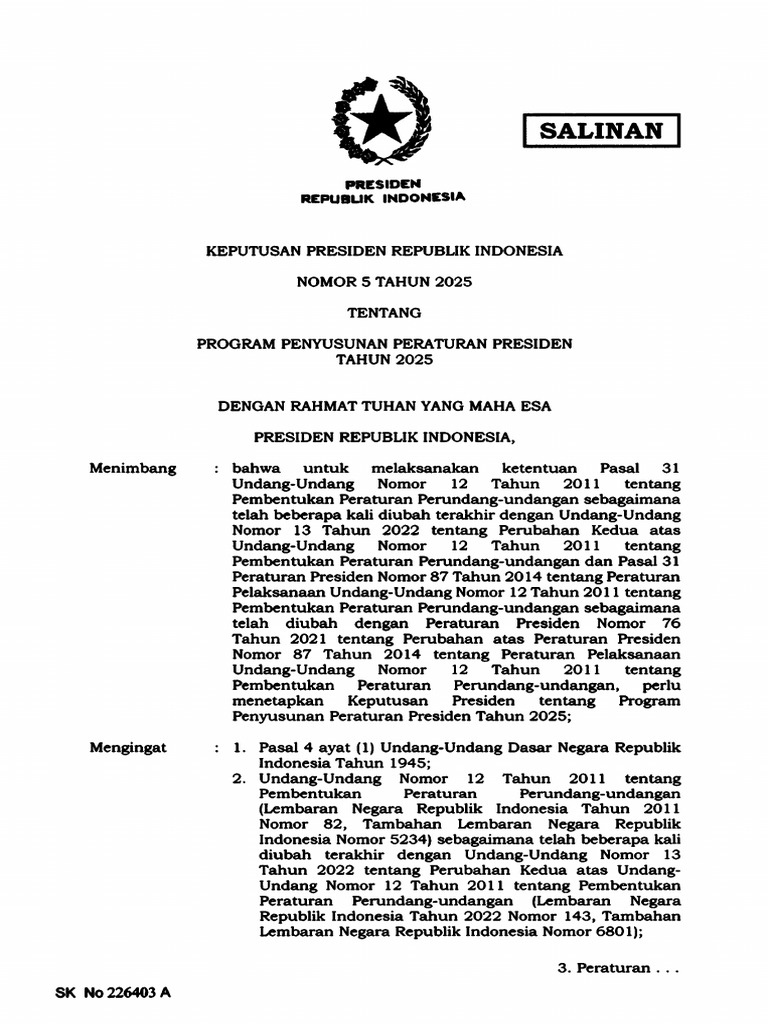 Keppres Nomor 5 Tahun 2025 | PDF
