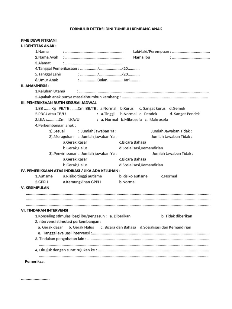 Formulir Deteksi Dini Tumbuh Kembang Anak | PDF