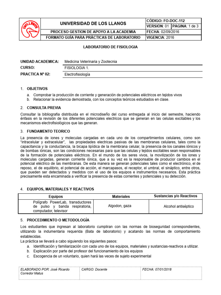 GUIA PARA PRACTICAS DE LABORATORIO de FISIOLOGIA NO. 2 - 1 | PDF | Electrofisiologia | Laboratorios