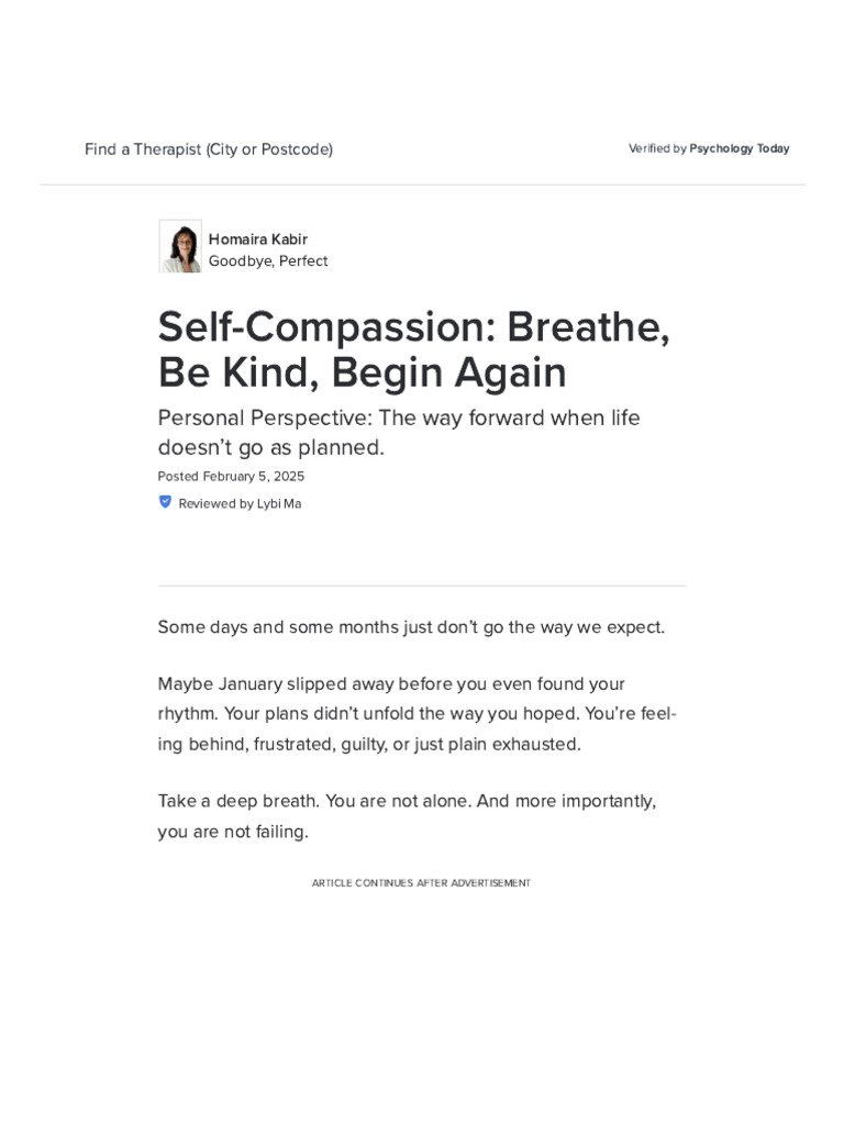 Self-Compassion - Breathe, Be Kind, Begin Again - Psychology Today | PDF | Psychological ...