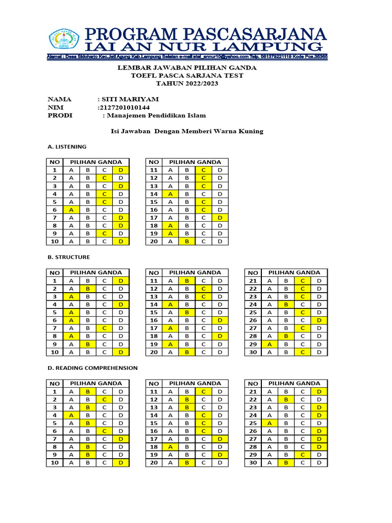 Ljk TOEFL Dan Toafl Pascasarjana (1) | PDF