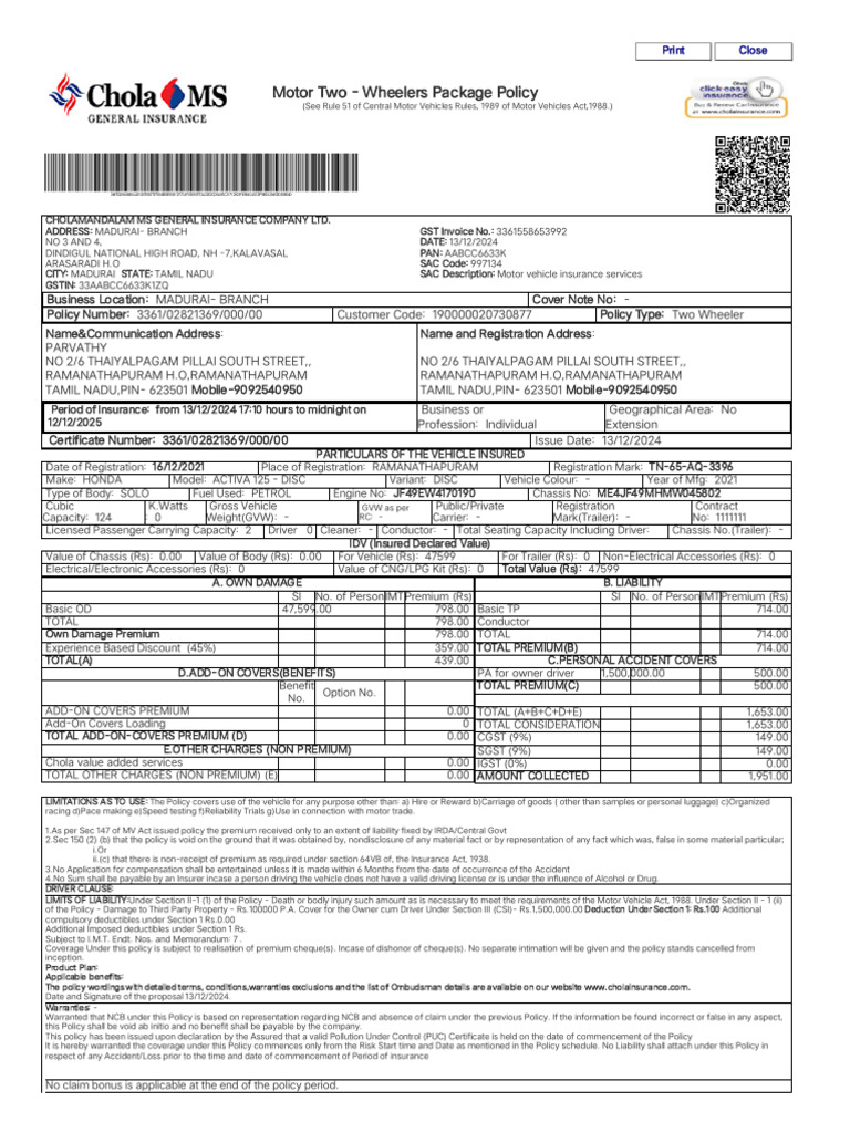 Motor Two-Wheeler Insurance Policy | PDF | Insurance | Deductible