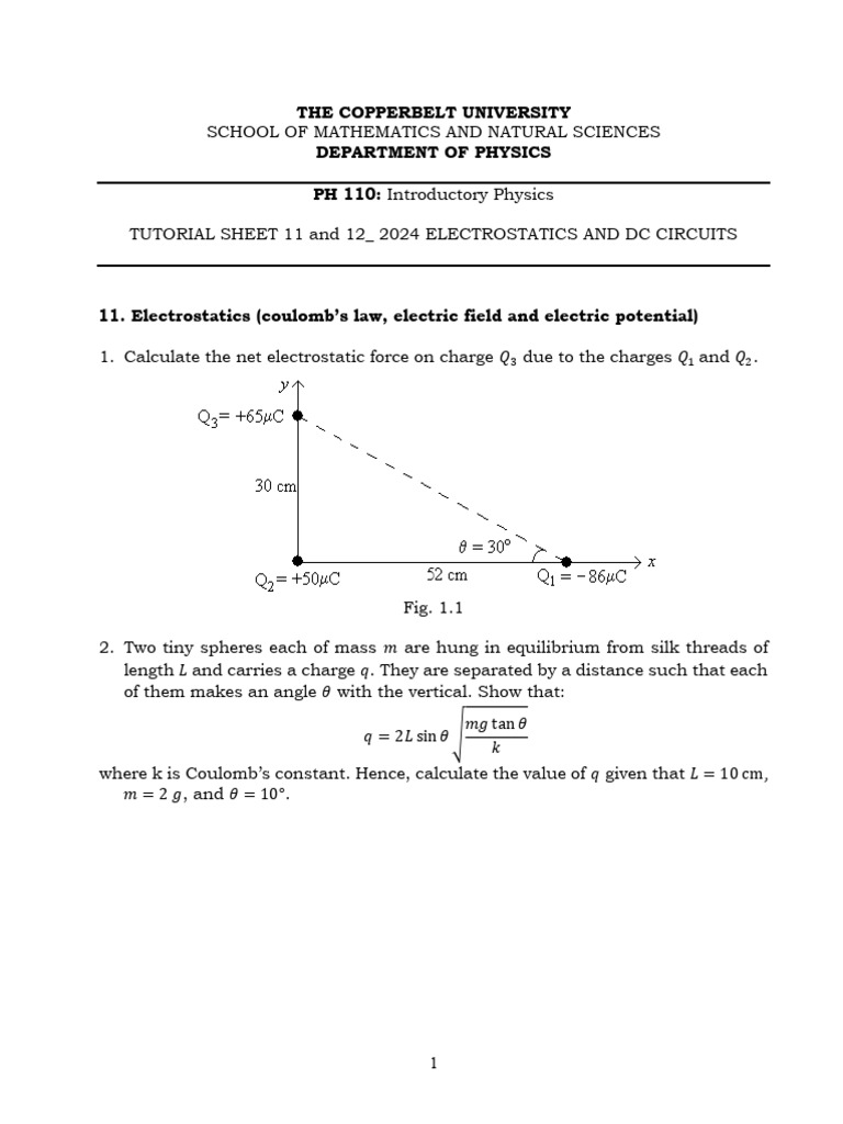TUTORIAL 11_12 Electrostatics and DC Circuits_2024 | PDF | Voltage | Electric Field