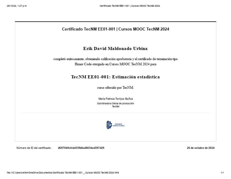 Certificado TecNM EE01-001 - Cursos MOOC TecNM 2024 | PDF