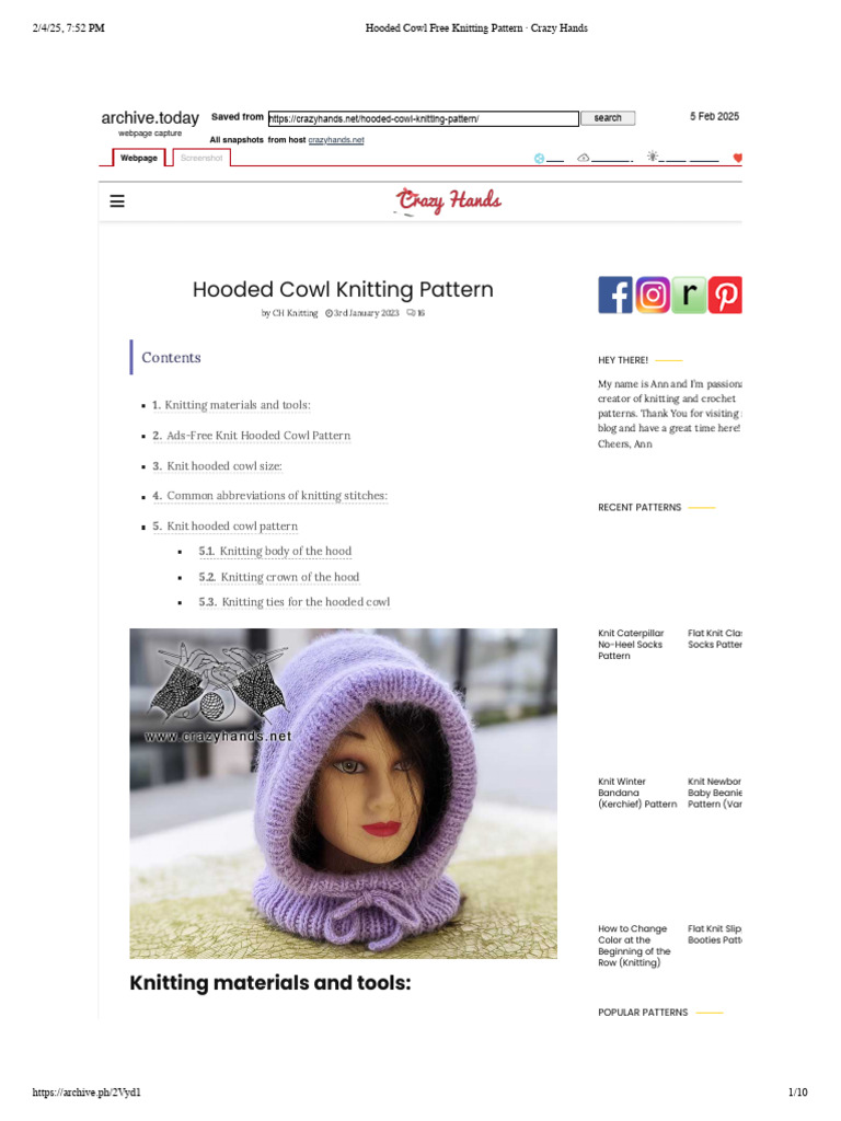 Free Hooded Cowl Knitting Pattern | PDF | Knitting | Crochet