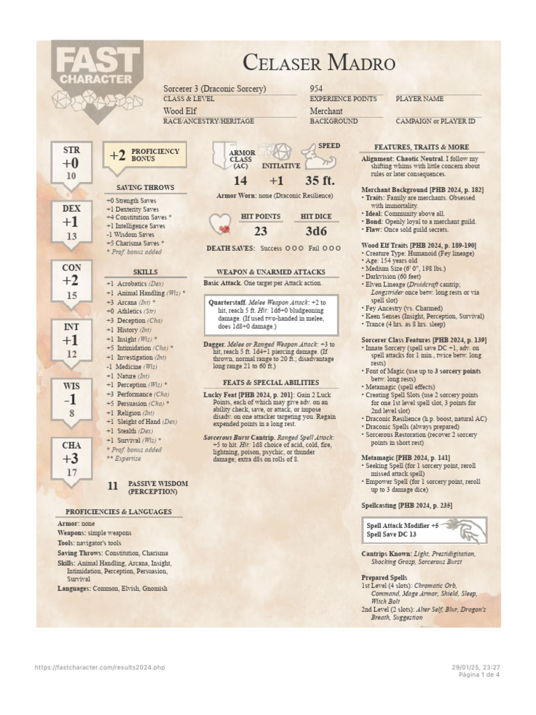 Fast Character - Wood Elf Sorcerer 3 (Draconic Sorcery) - PHB 2024 | PDF | Dungeons & Dragons ...