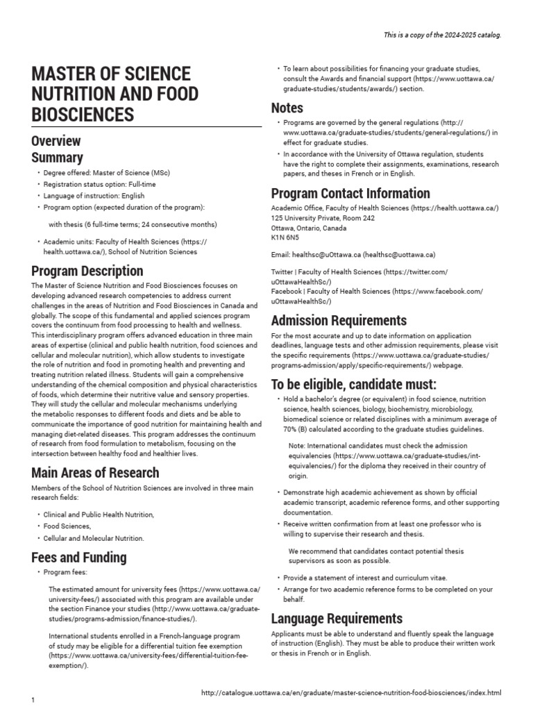Master Science Nutrition Food Biosciences | PDF | Biology