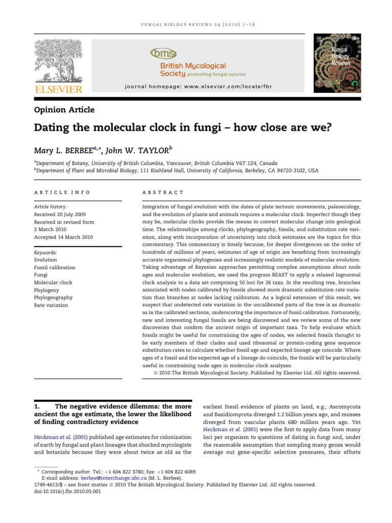Berbee 2010 Datingmolecularclockfungi | PDF | Fungus | Molecular ...
