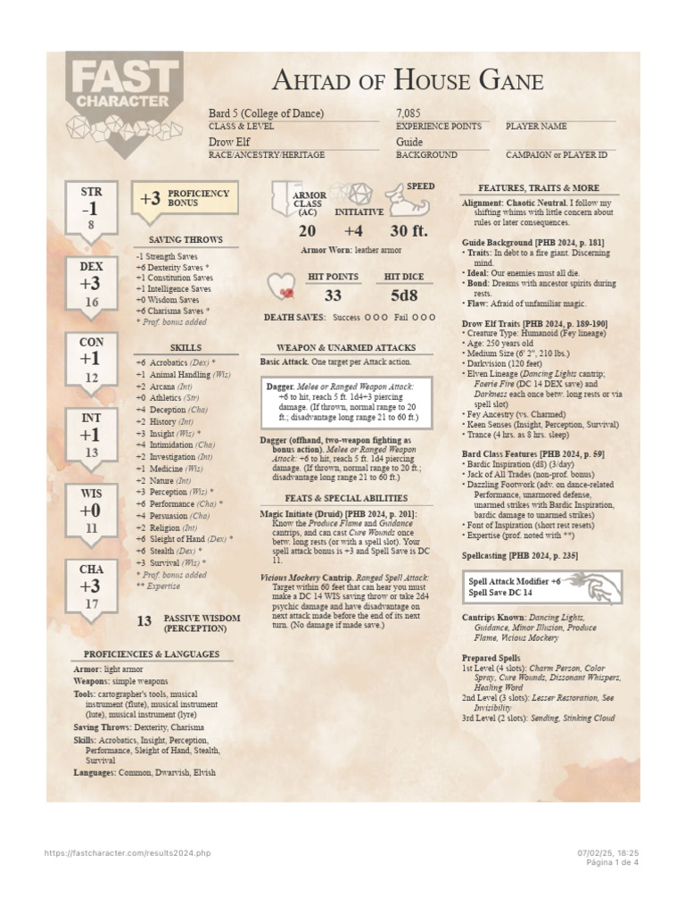 Drow Elf Bard Character Sheet | PDF | Dungeons & Dragons | Fantasy Role ...