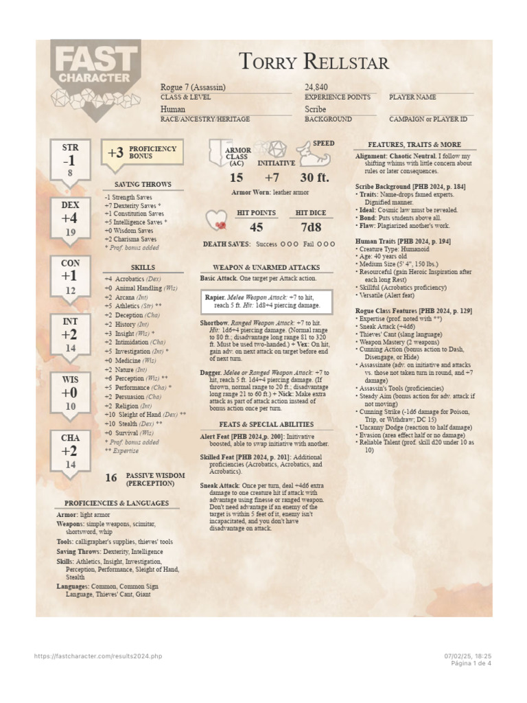 Fast Character - Human Rogue 7 (Assassin) - PHB 2024 | PDF | Dungeons ...