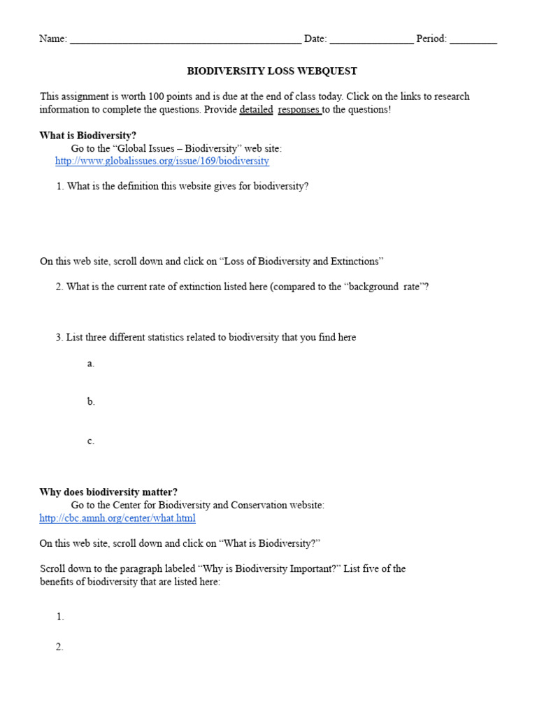 Biodiversity Loss Webquest Guide | PDF