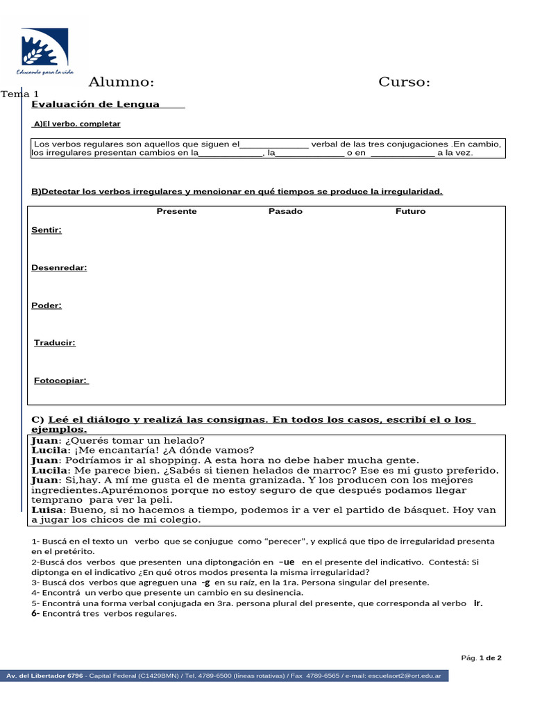 Evaluación de Verbos en Lengua | PDF | Verbo | Idiomas