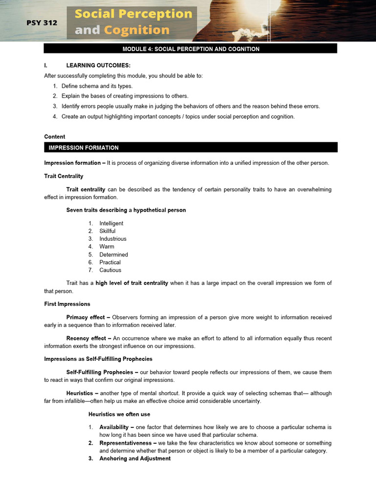 Module 4 - Psy 312 - Social Perception and Cognition - Part 2 | PDF | Cognition | Behavioural ...
