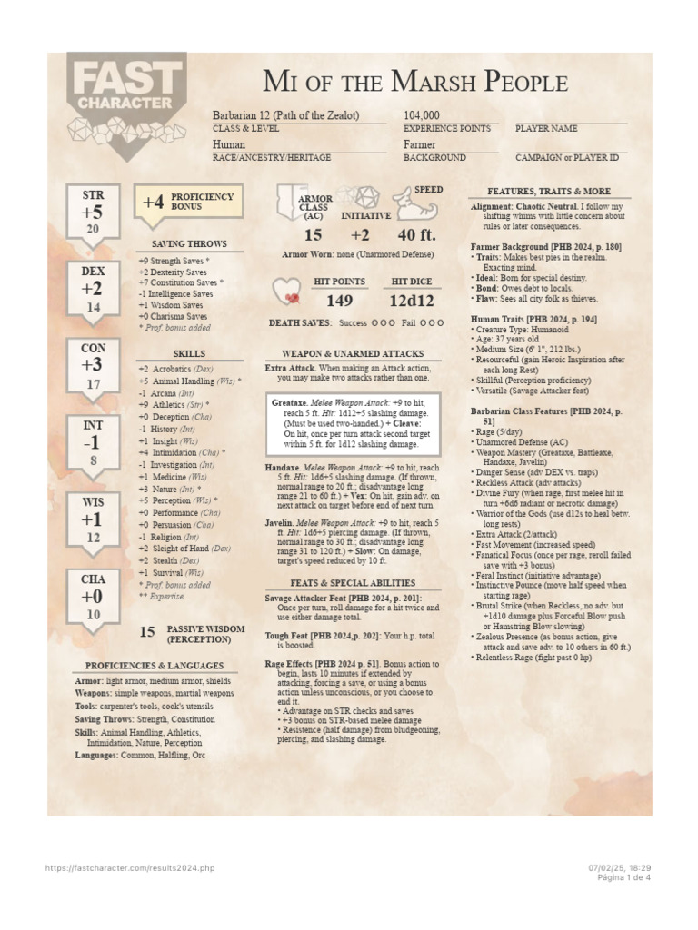 Fast Character | Human Barbarian 12 (Path of the Zealot) | PHB 2024 ...