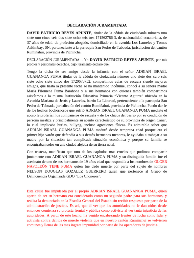 DECLARACIÓN JURAMENTADA David | PDF