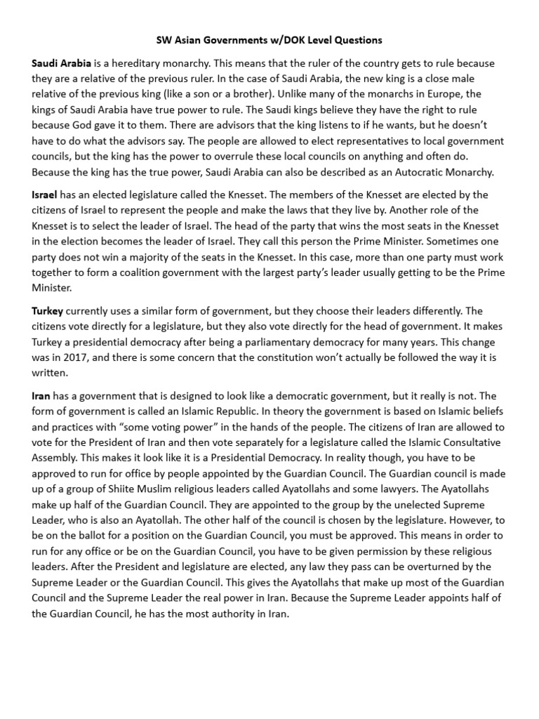 SW Asian Government Structures Explained | PDF | Ruhollah Khomeini ...