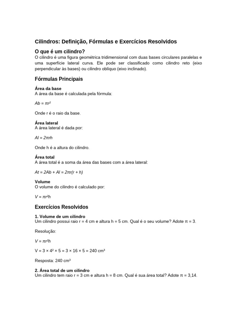 Definição e Fórmulas do Cilindro | PDF