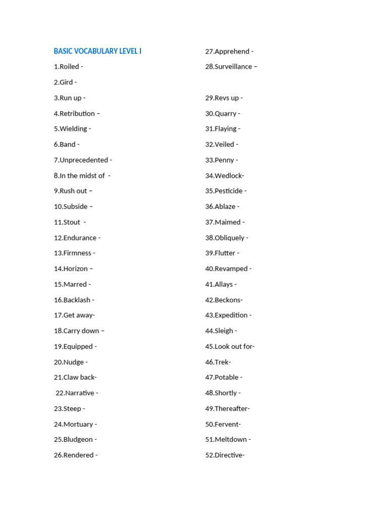 Basic Vocabulary Level I | PDF | Adjective | Eggplant