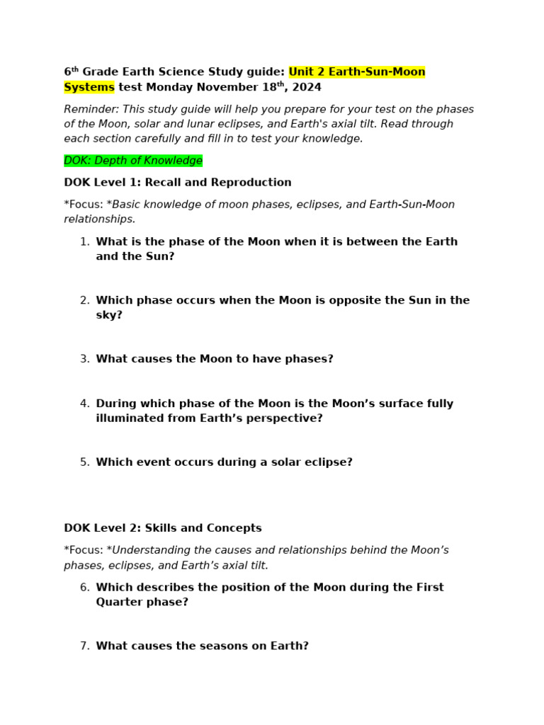 6th Grade Earth Science Study Guide | PDF | Moon | Eclipse