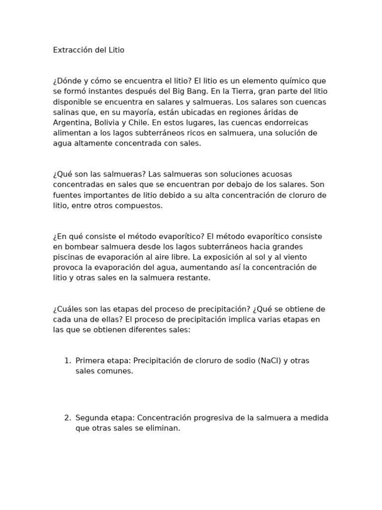 Extracción de Litio: Proceso y Recursos | PDF