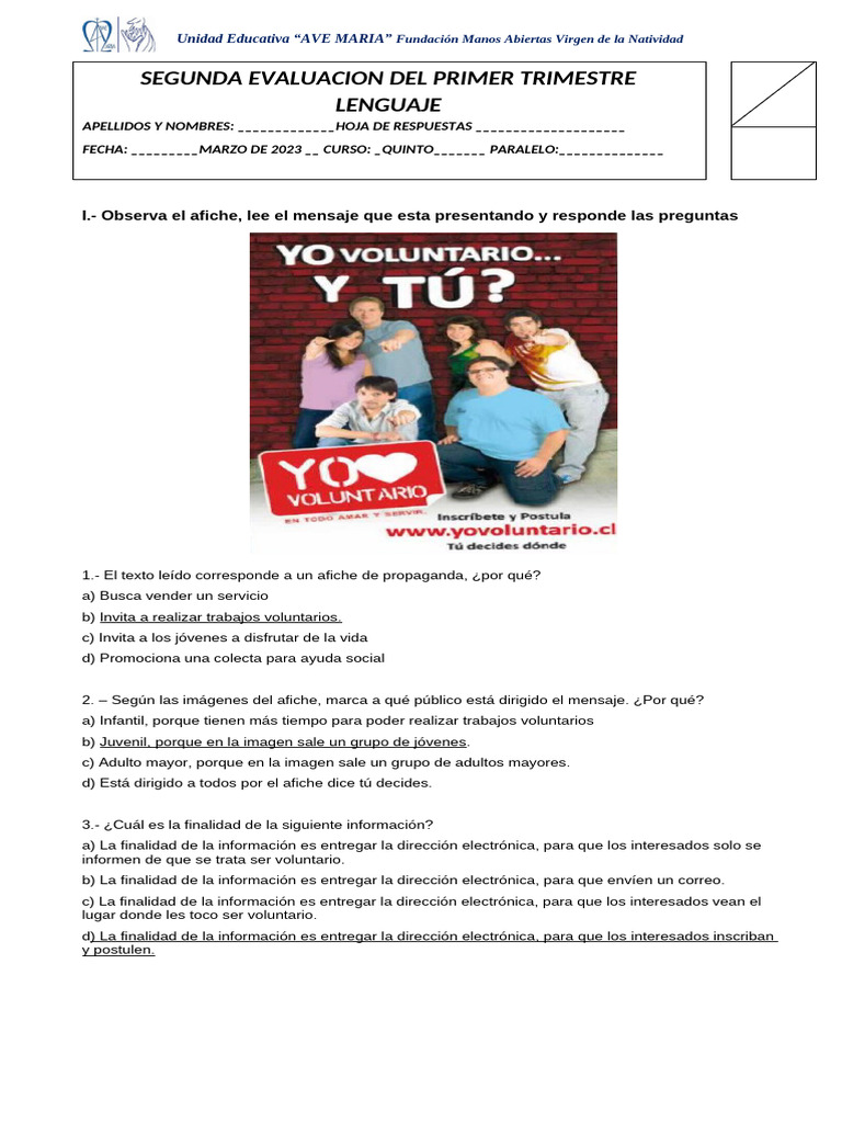 2da Evaluacion Lenguaje 1er Trim - 2023 | PDF