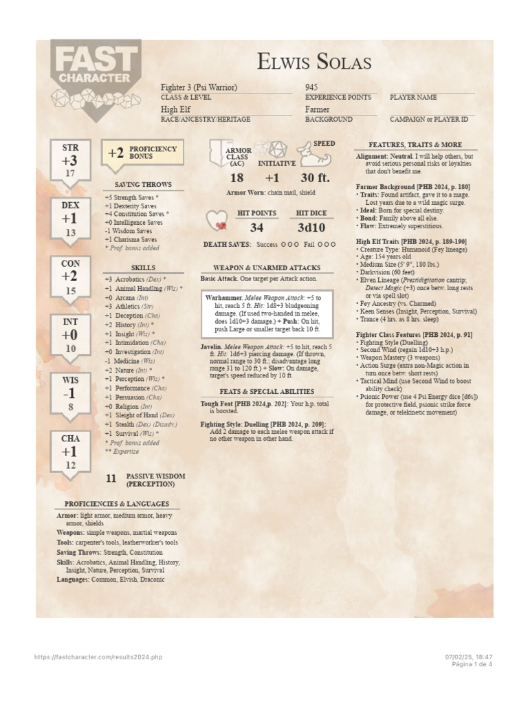 Fast Character - High Elf Fighter 3 (Psi Warrior) - PHB 2024 | PDF ...