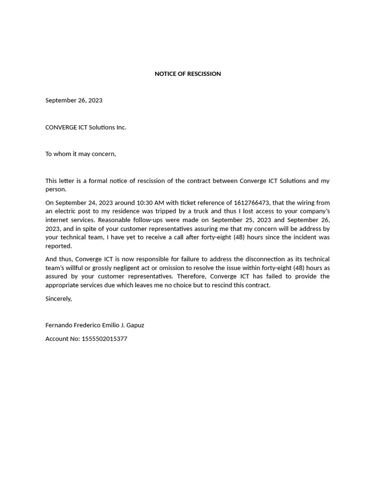 Contract Rescission Notice to Converge ICT | PDF