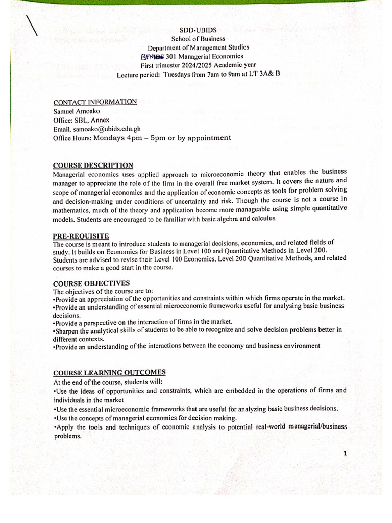 Managerial Economics Course Outline-1 | PDF