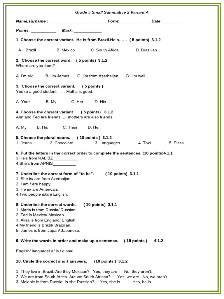 Grade 5 Small Summative 2 Variant A | PDF | Grammar | Syntax