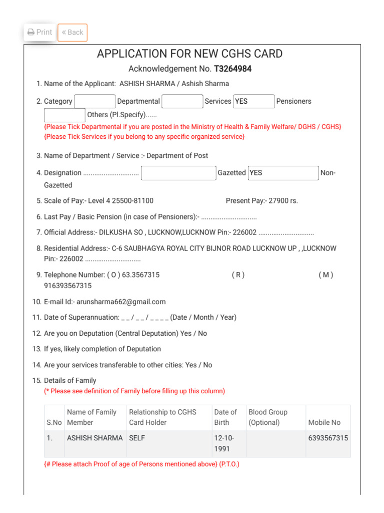 Application For New CGHS Card | PDF