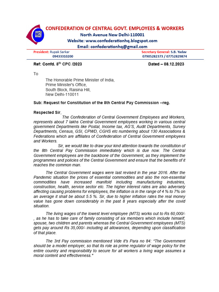 Confd. Letter To PM 08.12.23 Final | PDF | Economies | Employment Compensation