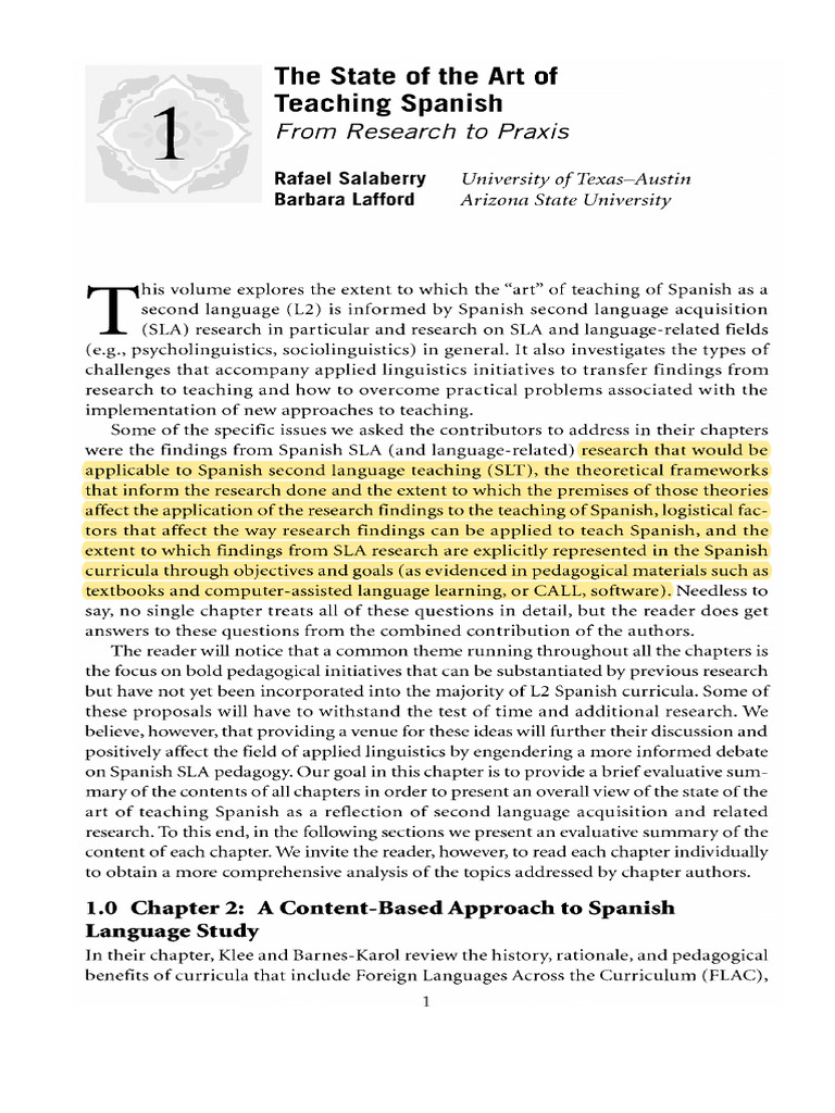 Art of Teaching Spanish Second Language Acquisitio... - (1 The State of ...